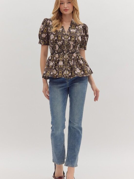 entro | Tops | Floral Print Short Puff Sleeve Peplum Top With Zipper ...